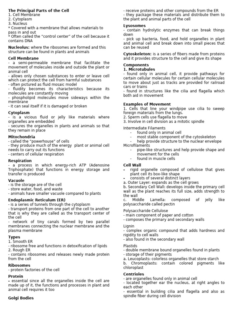 The Principal Parts of the Cell - GENERAL BIOLOGY NOTES MODULE 2 | PDF ...