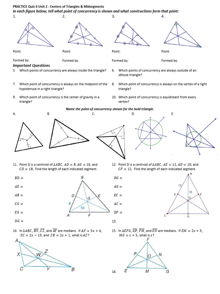 Centers Of Triangles Practice Worksheet