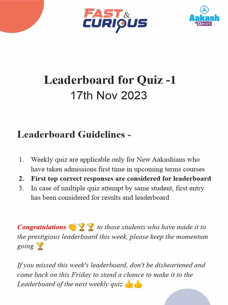 Quiz - 1 Leaderboard and Solutions - 0 | PDF
