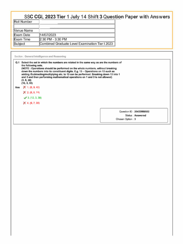 SSC CGL - Tier I - Previous Year Paper With Answer Key 2023 in English ...