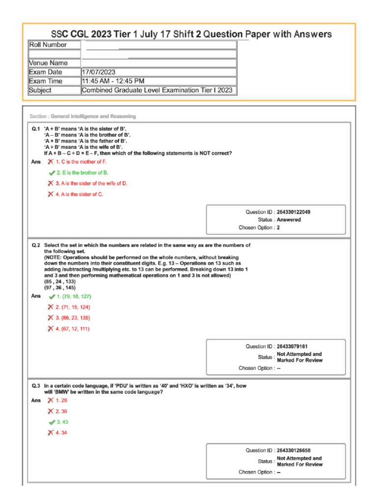 SSC CGL - Tier I - Previous Year Paper With Answer Key 2023 in English ...