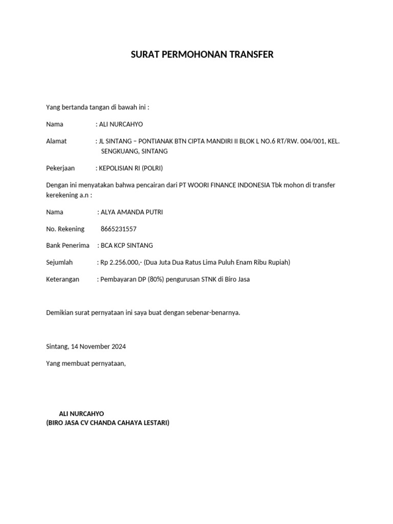 Surat Permohonan Transfer Biro Jasa (1) | PDF