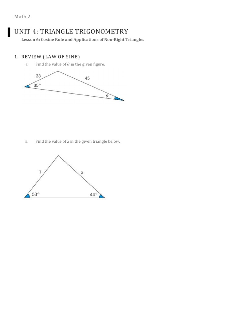 U4-L6 Cosine Rule and Applications of Non-Right Triangles | PDF