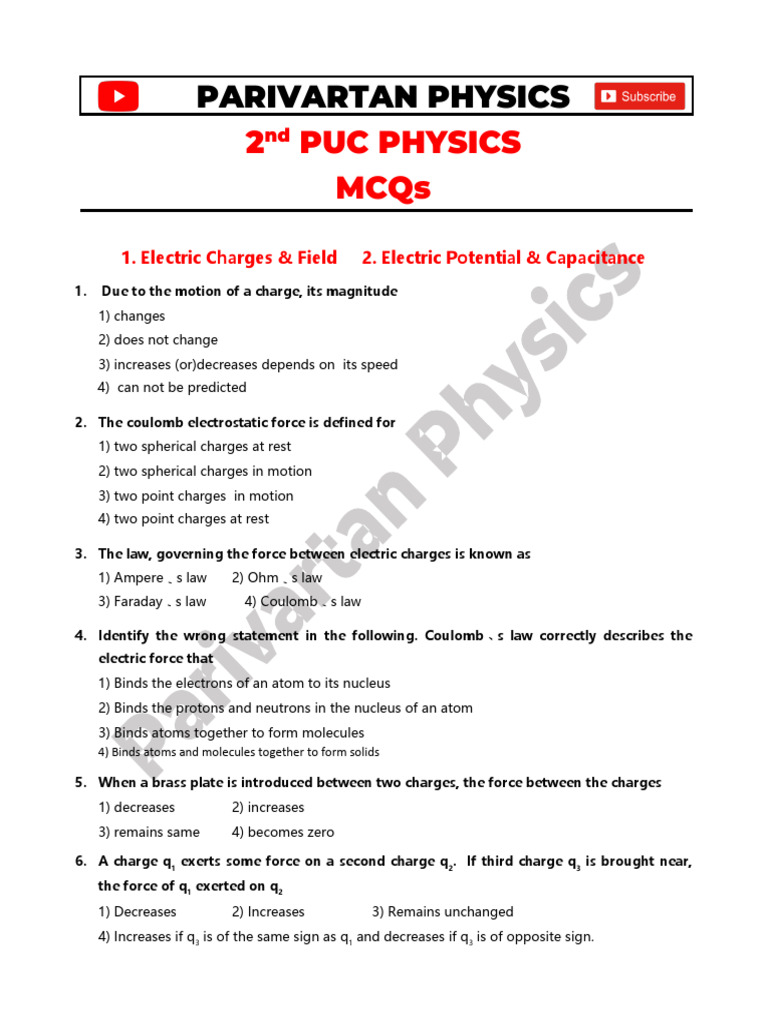 2nd PUC PHYSICS MCQ Chapt 1 To 8 | PDF | Inductor | Inductance