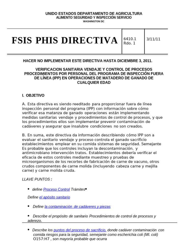 Fsis Phis Directiva: Alimento Seguridad Y Inspección Servicio | PDF | Seguridad alimenticia | Carne