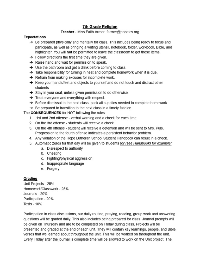 7th Religion Syllabus and Rubric | PDF
