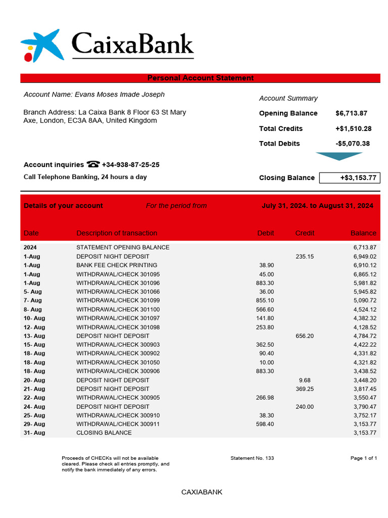 CAIXABANK Company Bank Statement Word and PDF Template | PDF | Banks ...