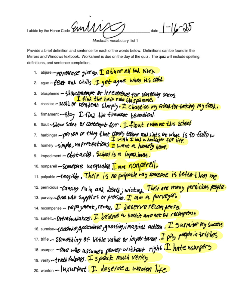 Macbeth Vocabulary Worksheet Guide | PDF