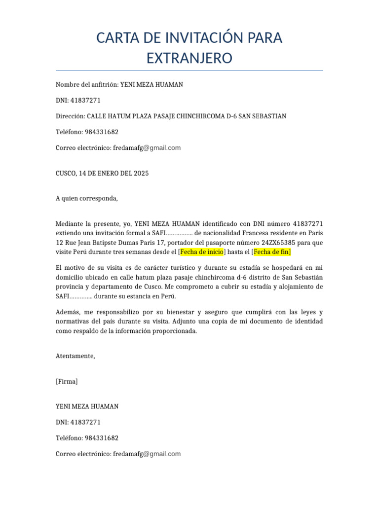 Modelo Carta Invitacion Extranjeros Peru Word | PDF