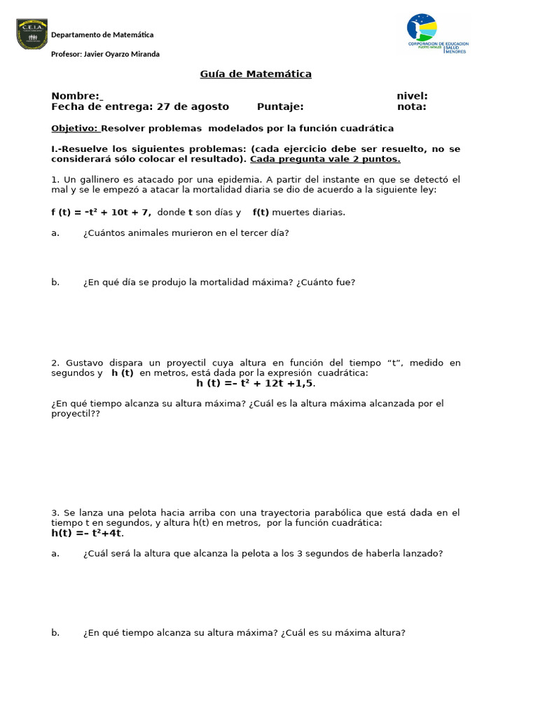 ceia 2 nivel GUÍA DE PROBLEMAS FUNCIÒN CUADRÀTICA (1) | PDF
