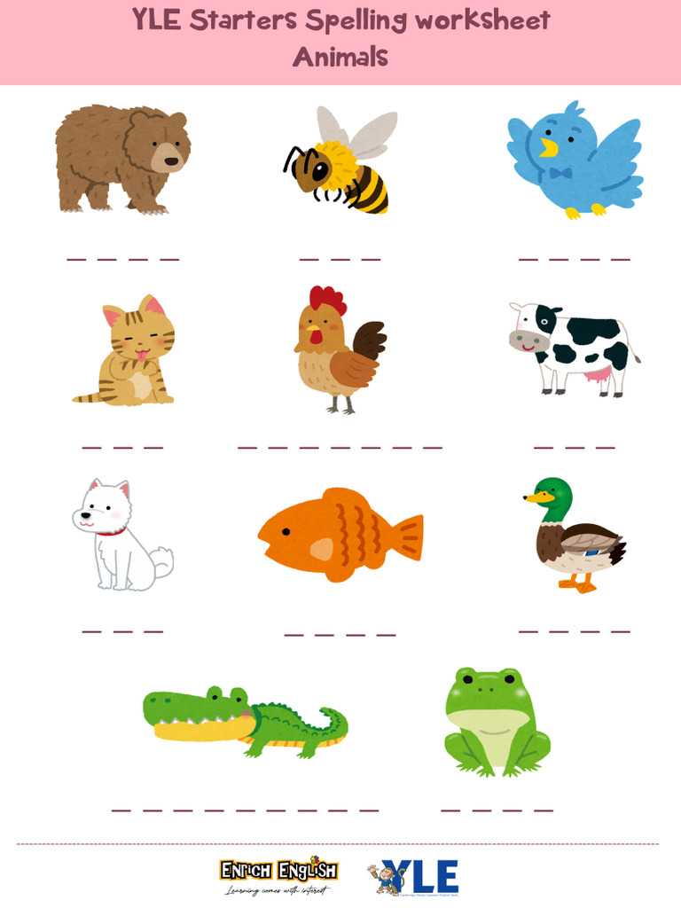 YLE Starters Spelling Worksheet - Animals | PDF