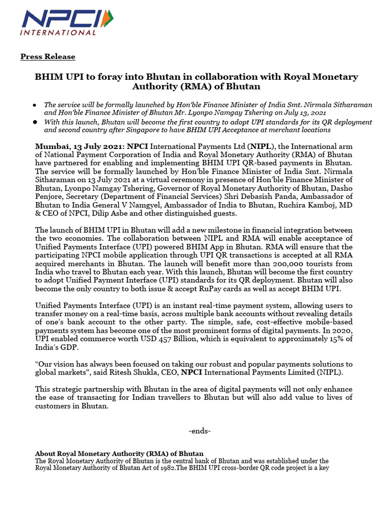 NPCI Press Release BHIM UPI To Foray Into Bhutan in Collaboration With Royal Monetary Authority ...