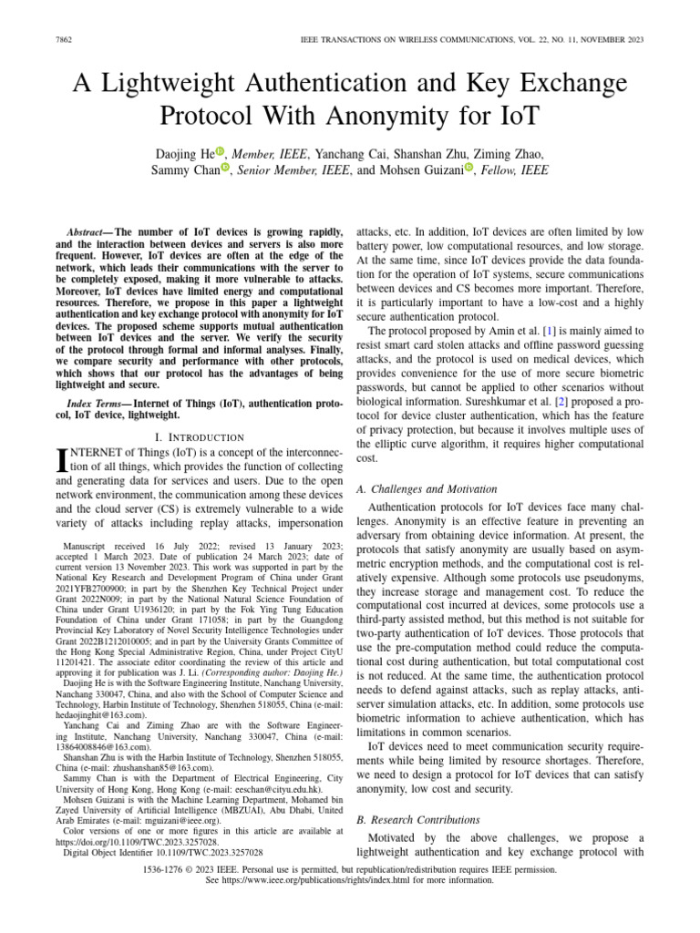 A Lightweight Authentication and Key Exchange Protocol With Anonymity For IoT | PDF | Internet ...