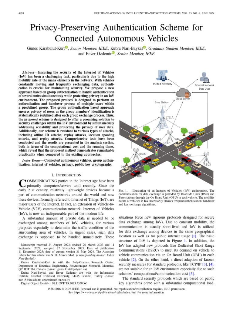 Privacy-Preserving Authentication Scheme For Connected Autonomous Vehicles | PDF | Public Key ...