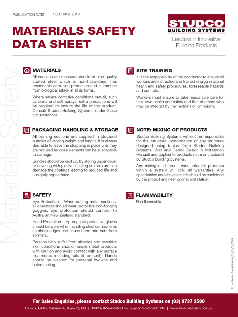 Studco Materials Safety Data Sheet Ss Au Ds Feb18 DW | PDF | Corrosion ...