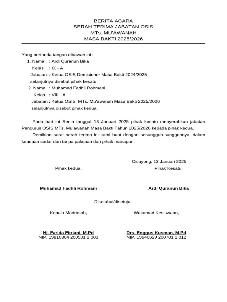Berita Acara Serah Terima Jabatan Osis 2526 | PDF