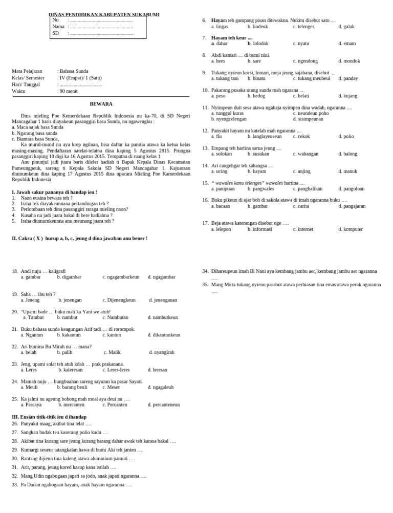 Soal Latihan PAS B. Sunda Kls 4 | PDF