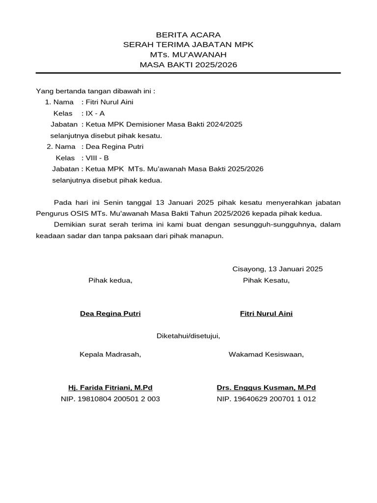 Berita Acara Serah Terima Jabatan MPK 2526 | PDF
