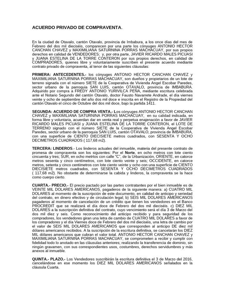 Acuerdo Privado de de Compraventa de Lote de Terreno | PDF