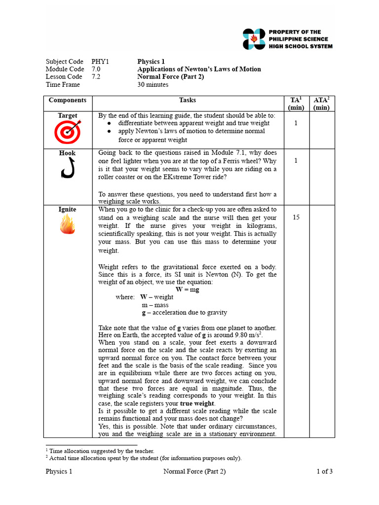 SLG Phy 1 - Module 7.0 - Lesson 7.2 Normal Force (Part 2) | PDF | Weight | Force