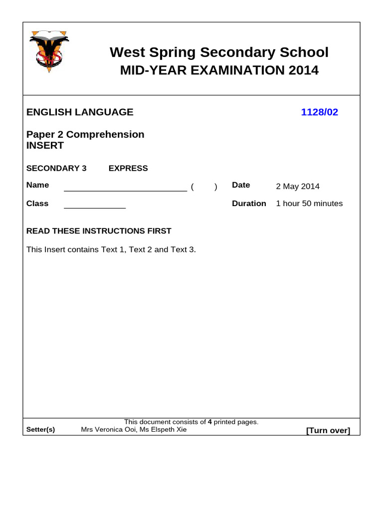 West Spring Sec 2014 English Exam Insert | PDF | Attachment Theory ...