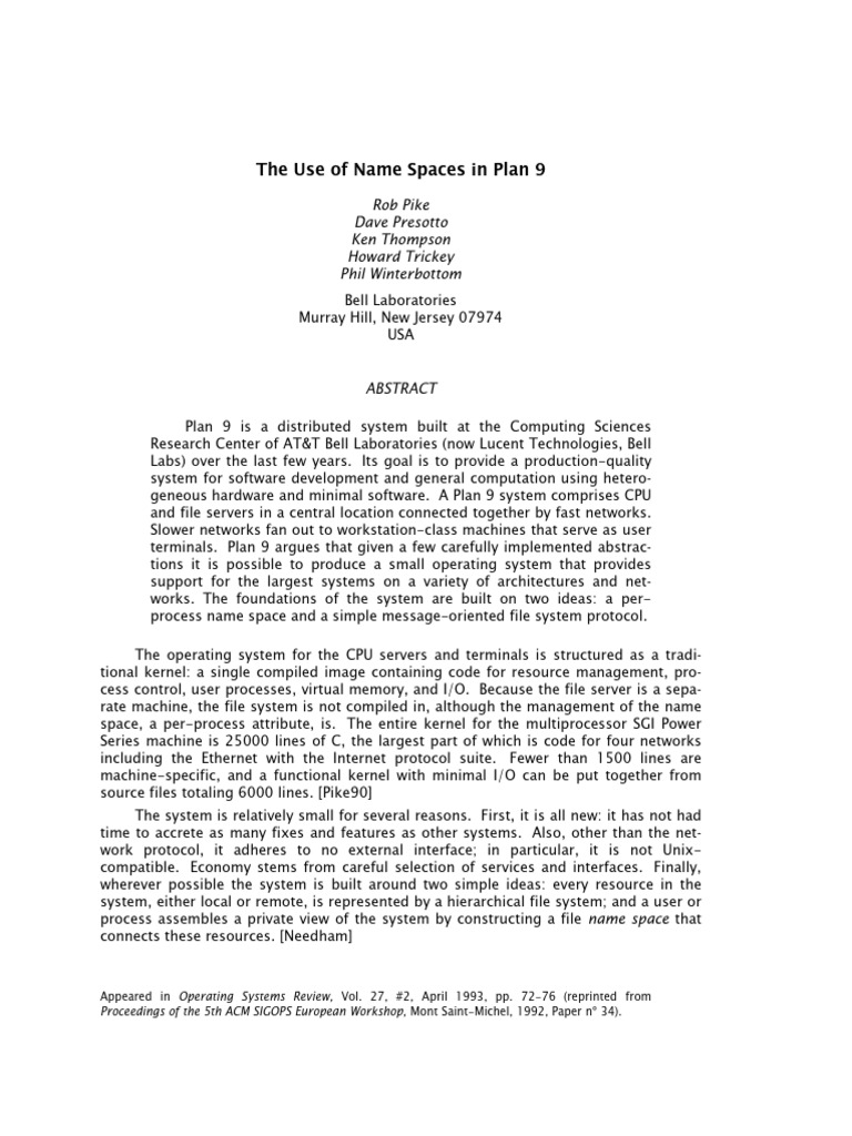 The Use of Name Spaces in Plan 9 [Rob Pike, Ken Thompson, Phil ...