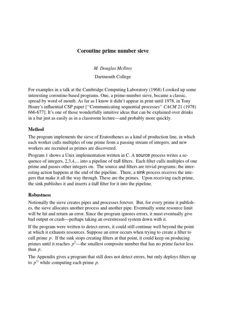 Coroutine Sieve of Eratosthenes | PDF | Software Development | Computer Architecture