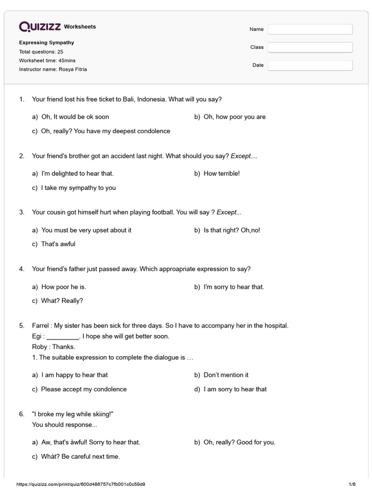 Expressing Sympathy - Quizizz | PDF