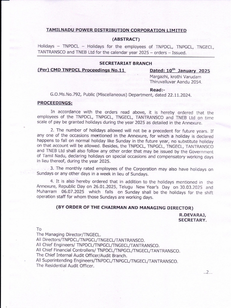 TNPDCL - Holidays For The Employees of TNPDCL, TNPGCL, TNGECL ...