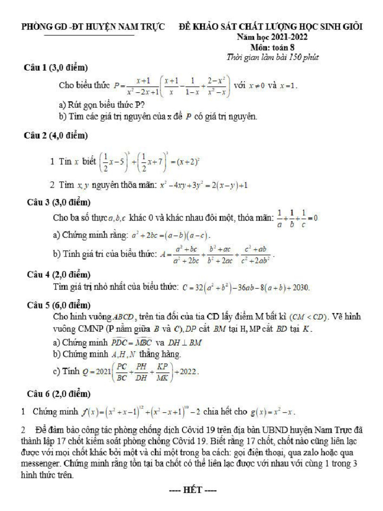 De Hoc Sinh Gioi Toan 8 Nam 2021 2022 Phong GDDT Nam Truc Nam Dinh | PDF