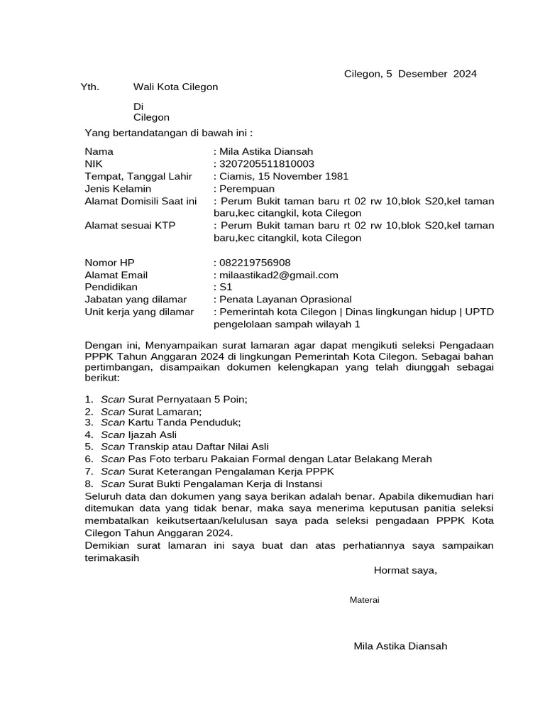 Format Surat Lamaran PPPK 2024 | PDF