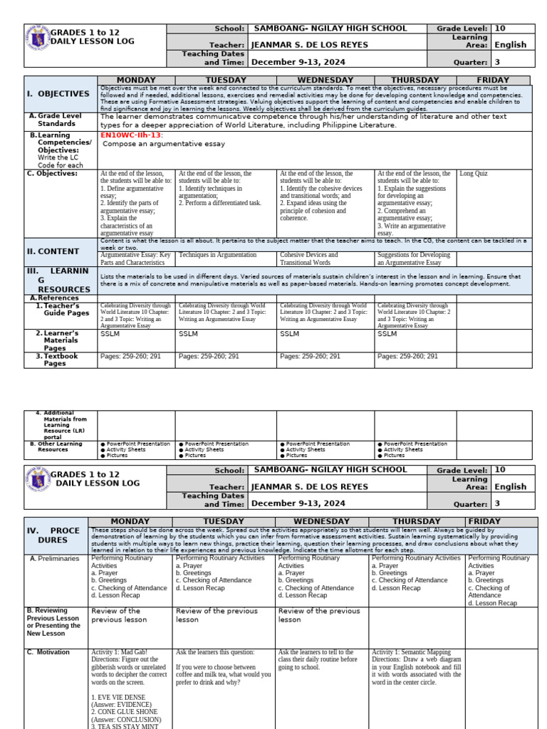 Eng10_Q3_W1 | PDF | Essays | Learning