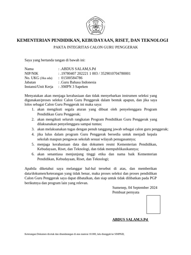 Pakta Integritas CGP 12 REGULER v3 | PDF