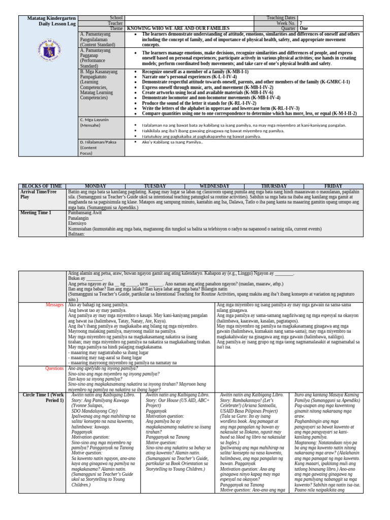 Kindergarten DLL MATATAG Q1 Week 7 - 015758 | PDF