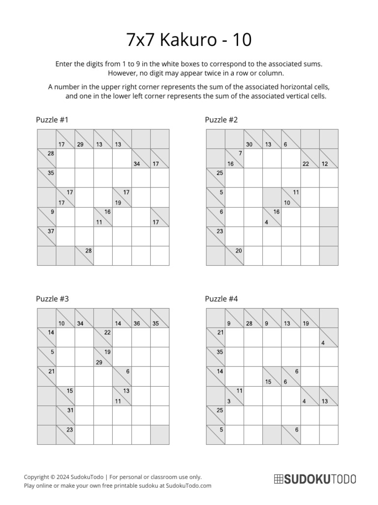 7x7 Kakuro 10 | PDF