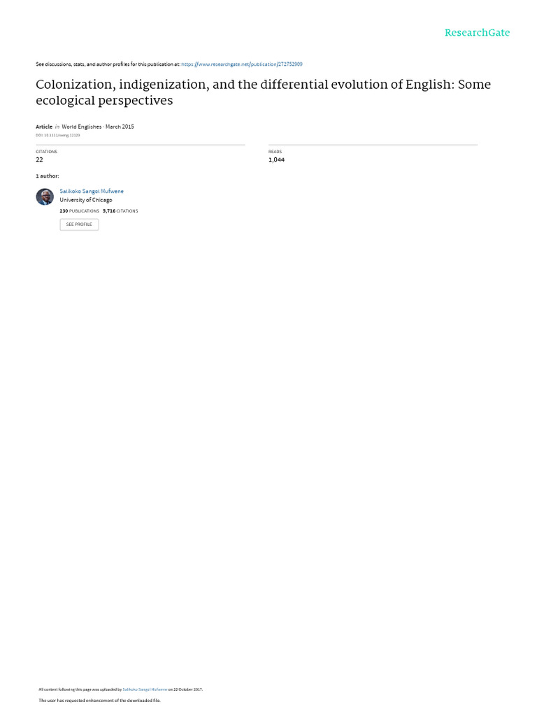 Colonization, Indigenization, and The Differential Evolution of English ...