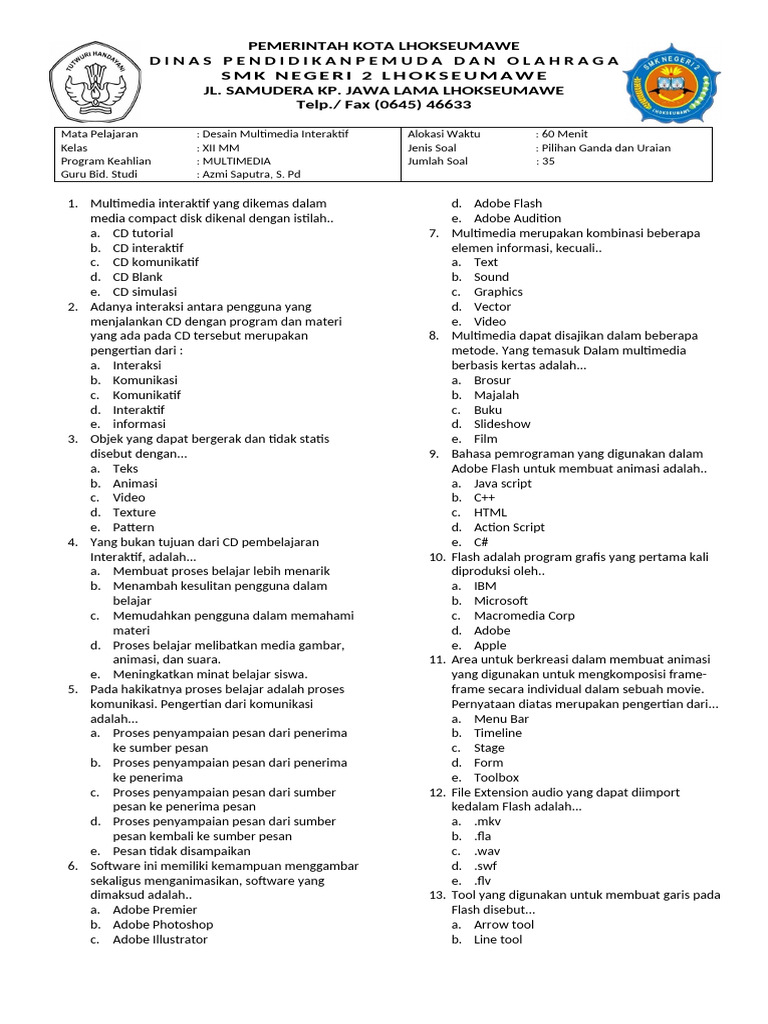 Soal Ujian SMT Ganjil Desain Multimedia Interaktif | PDF