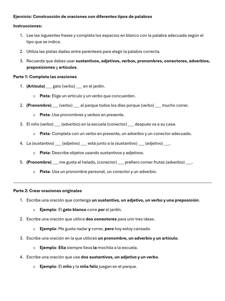 Construcción de oraciones con diferentes tipos de palabras | PDF ...