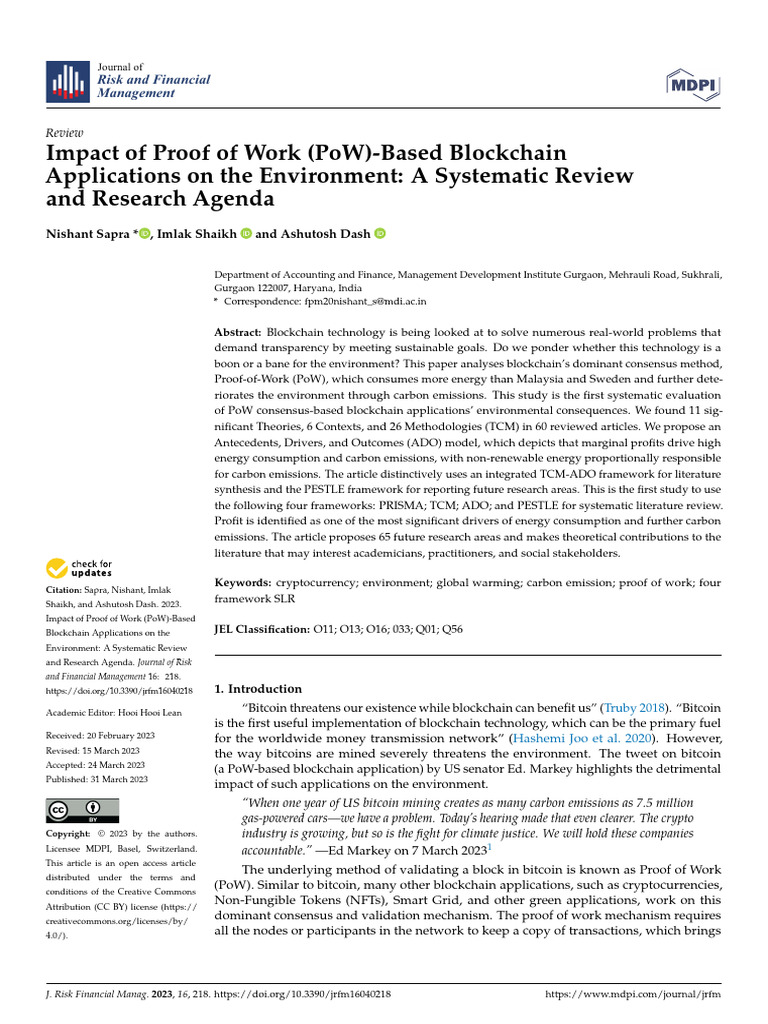 Impact of Proof of Work (PoW)-Based Blockchain Applications on the Environment | PDF ...