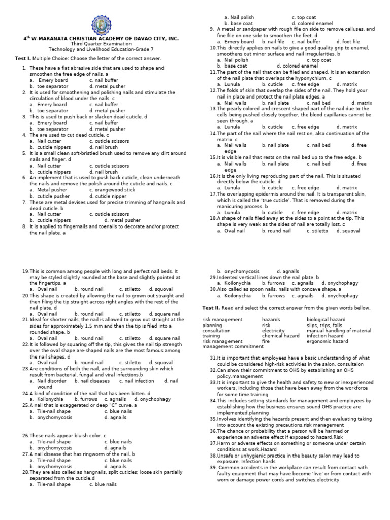 Grade 7 TLE Exam: Nail Care & Safety | PDF | Nail (Anatomy ...