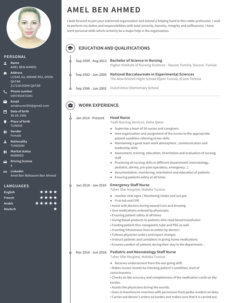 Cv Amel Ben Ahmed Photo | PDF | Nursing | Health Sciences