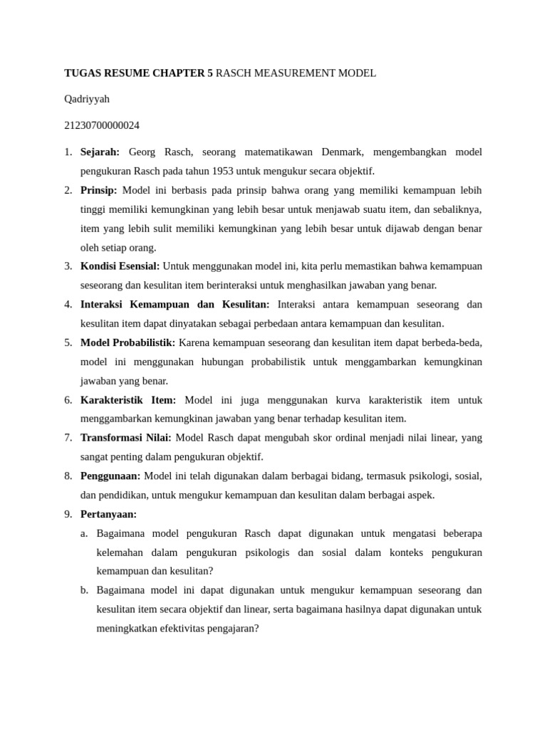 Tugas Resume Chapter 5 Rasch Measurement Model | PDF