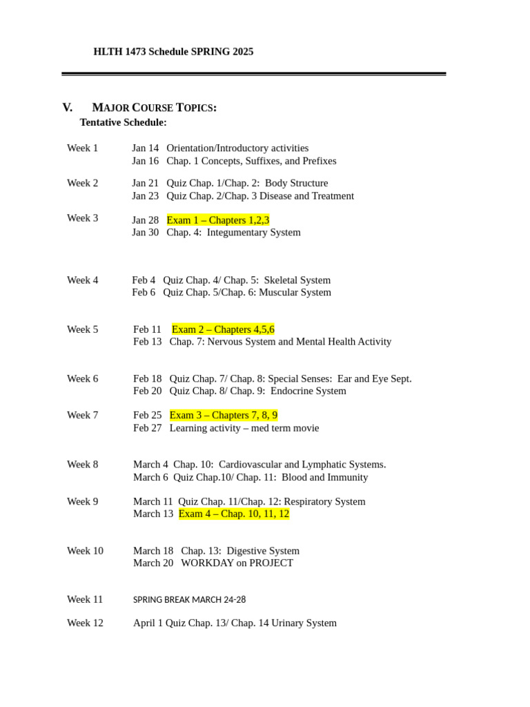 HLTH 1473 Class Schedule Spring 2025 | PDF