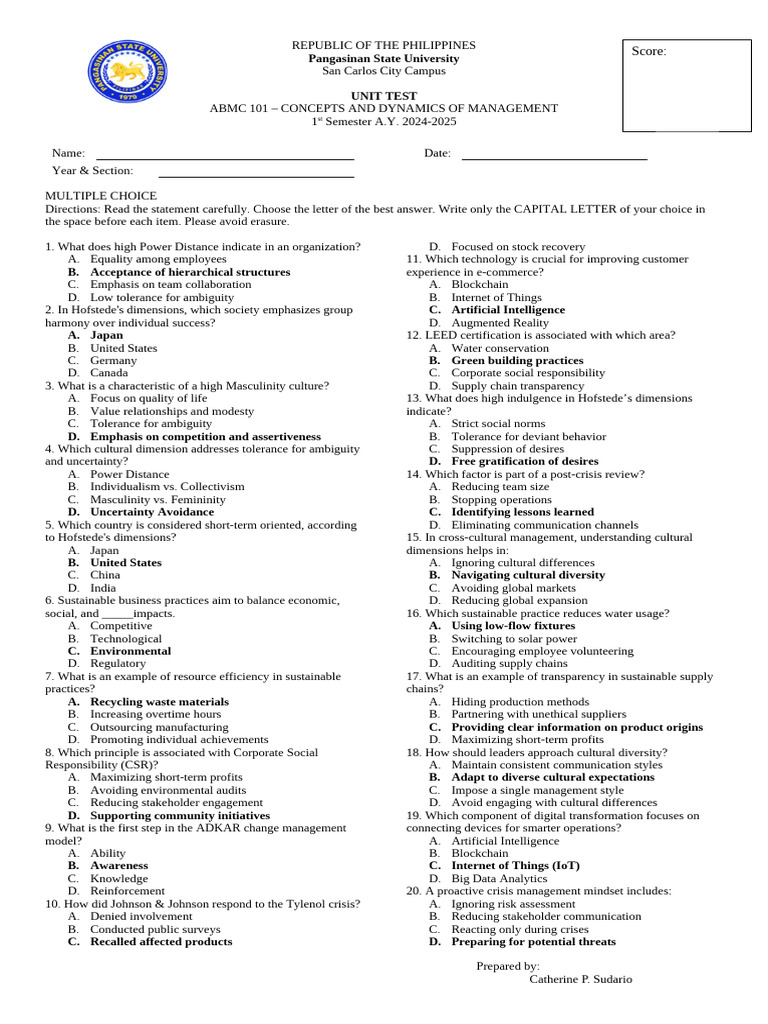 Answer Key Unit Test Final - Concepts and Dynamics of Management ...