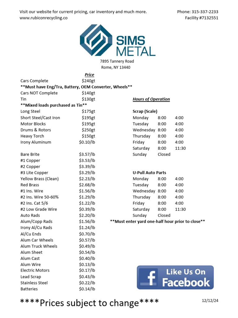 Scrap Price List Dec 12 2024 | PDF | Scrap | Copper