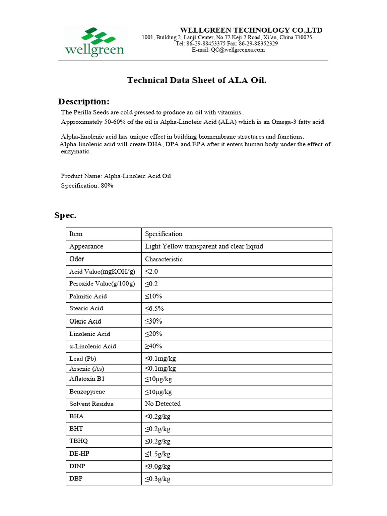 Alpha-Linoleic Acid Oil Technical Data | PDF | Omega 3 Fatty Acid ...