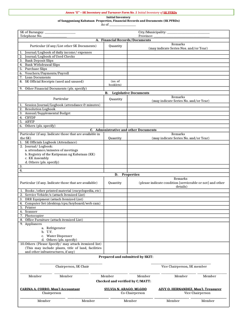 Inventory SKIT Initial Turnover of SK PFRDs and Money - October 30 RA No. 11935 | PDF