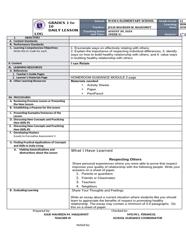 Grade 1 Homeroom Guidance Lesson Plan | PDF | Teachers | Learning
