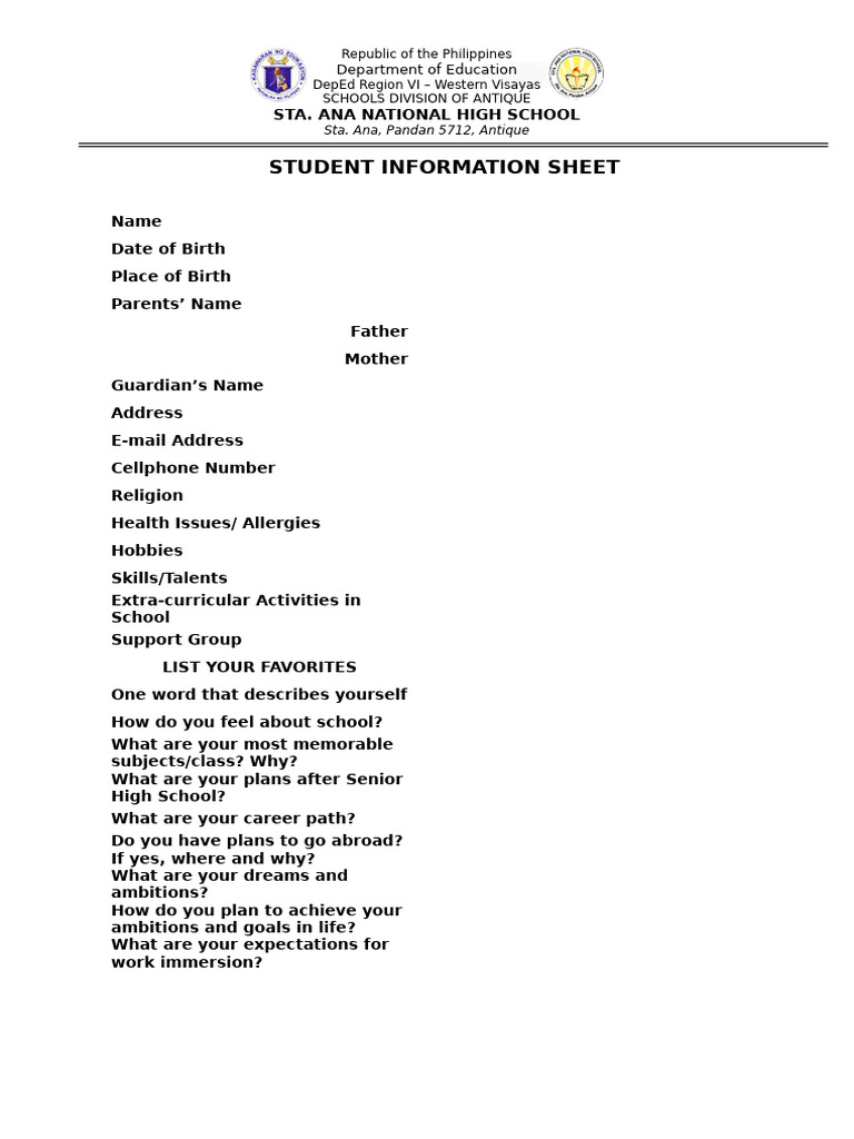 Student Information Sheet Template | PDF