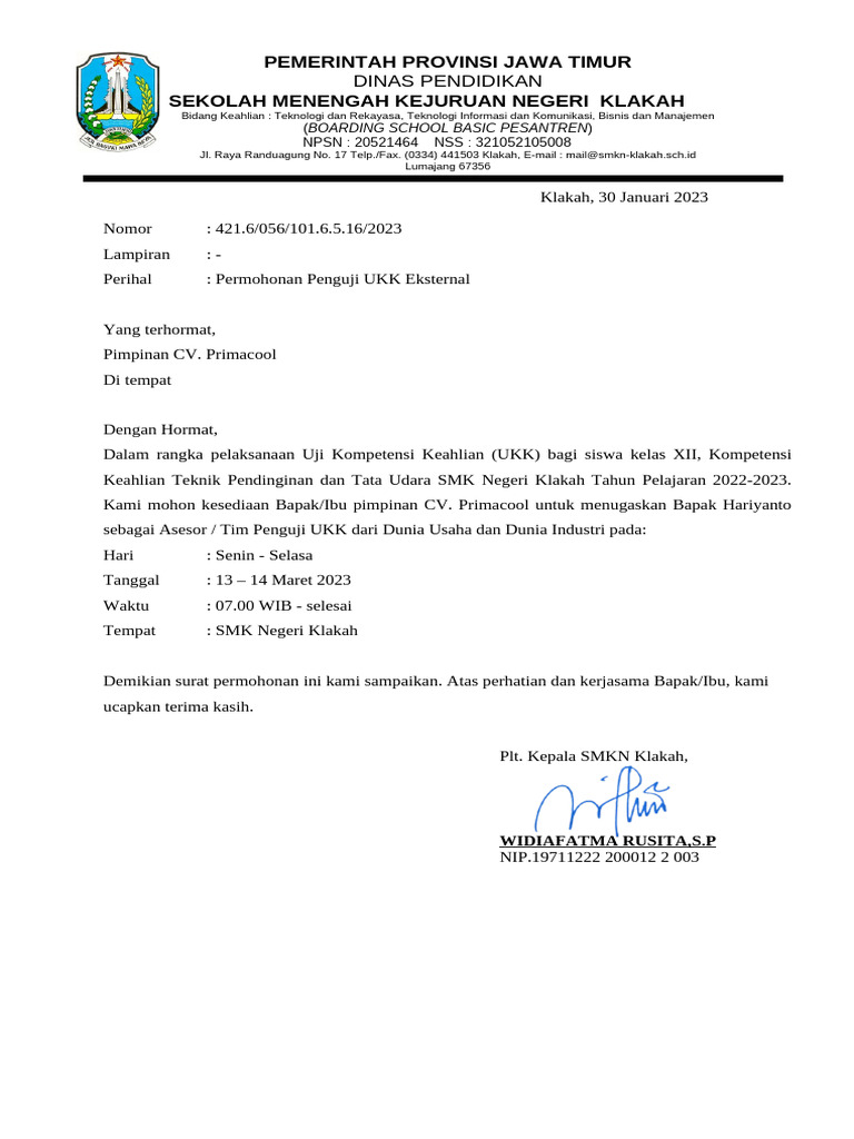 Permohonan Penguji UKK SMK Klakah | PDF